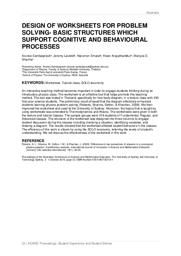 (PDF) Design of worksheets for problem solving- Basic structures which support cognitive and ...