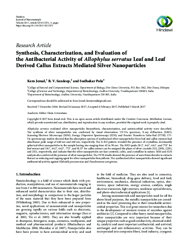 (PDF) Synthesis, Characterization, and Evaluation of the Antibacterial Activity of Allophylus ...