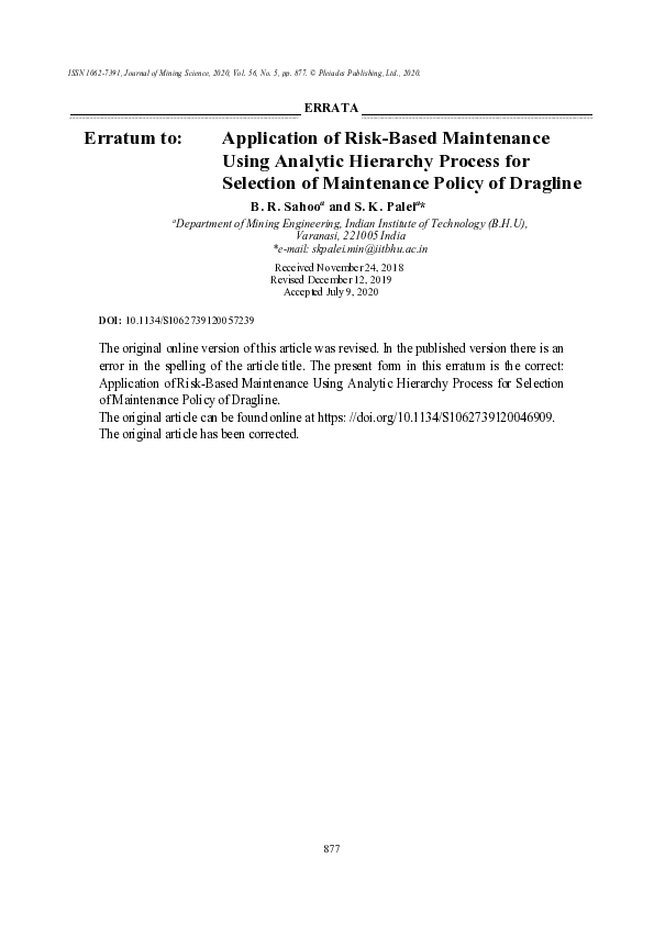 (PDF) Erratum to: APPLICATION OF RISK-BASED MAINTENANCE USING ANALYTIC HIERARCHY PROCESS FOR ...
