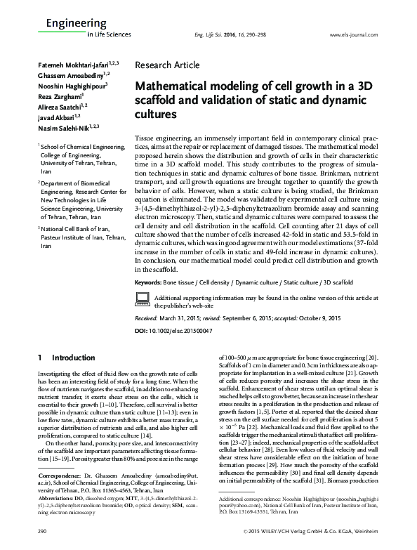 (PDF) Mathematical modeling of cell growth in a 3D scaffold and validation of static and dynamic ...