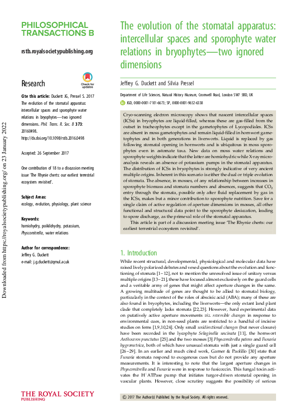 (PDF) Evolution of Stomatal Apparatus and Water Relations in Bryophytes