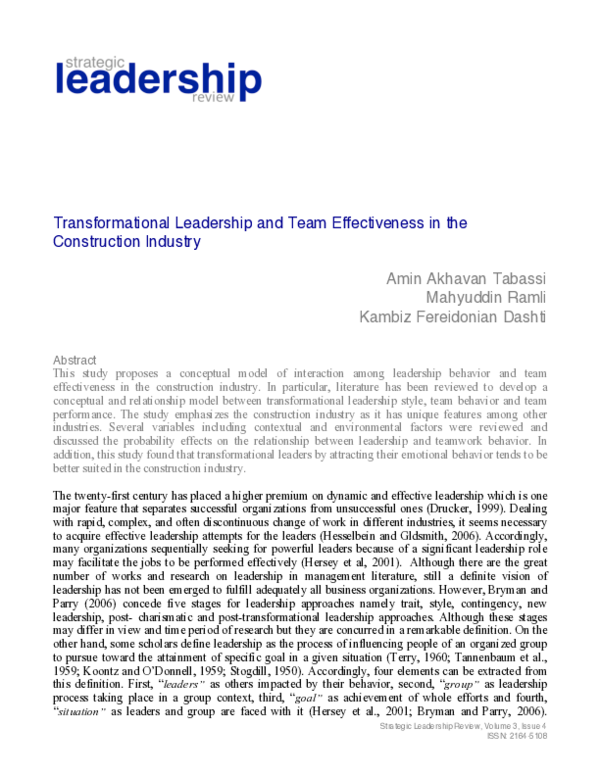 (PDF) Transformational Leadership and Team Effectiveness in ...