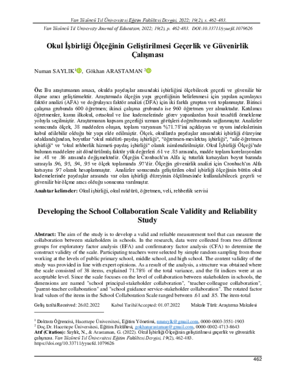 (PDF) Developing the School Collaboration Scale Validity and Reliability Study