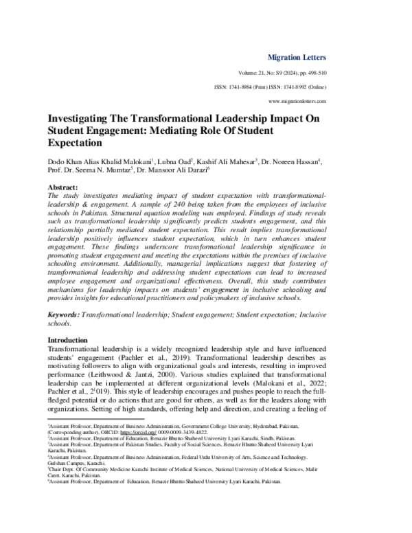 (PDF) Investigating The Transformational Leadership Impact On Student Engagement: Mediating Role ...