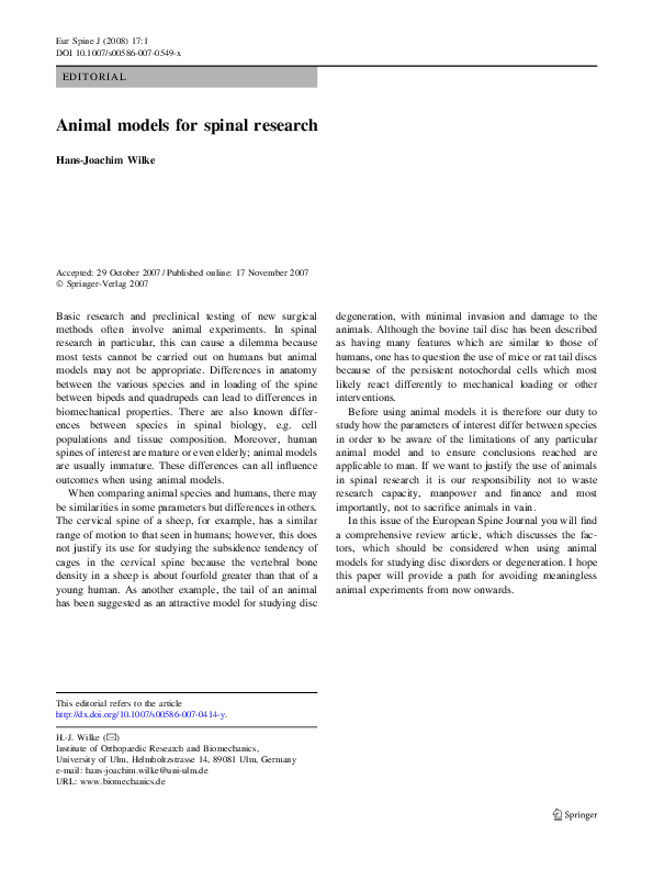 (PDF) Animal models for spinal research