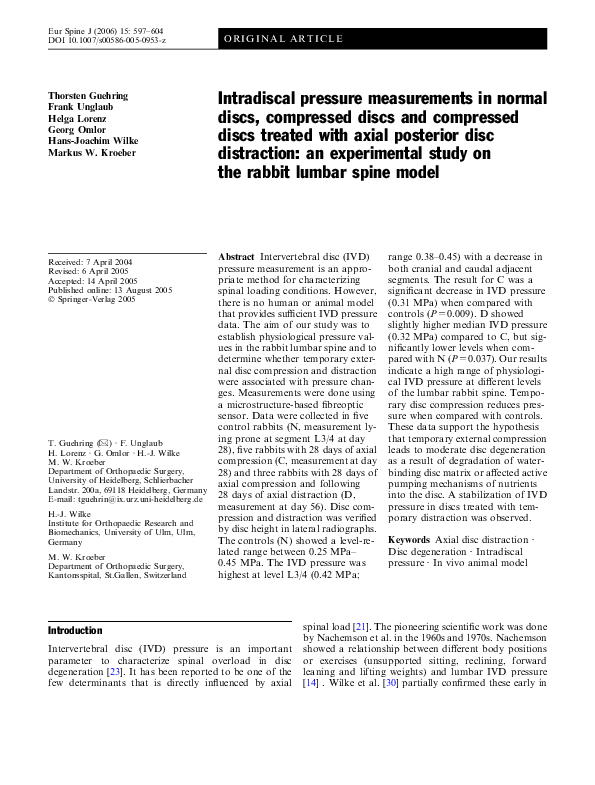 (PDF) Intradiscal pressure measurements in normal discs, compressed ...