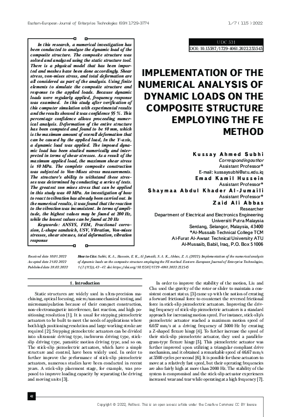 (PDF) Implementation of the numerical analysis of dynamic loads on the composite structure ...