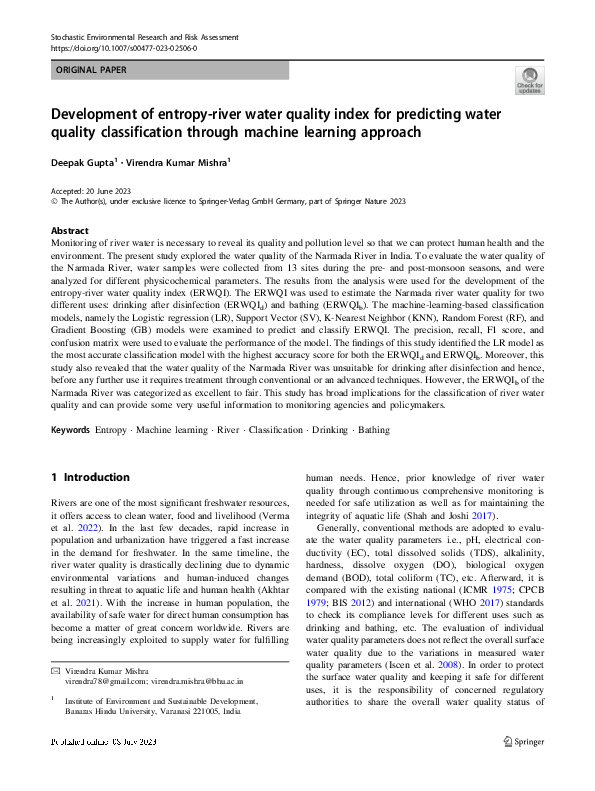 (PDF) Development of entropy-river water quality index for predicting water quality ...