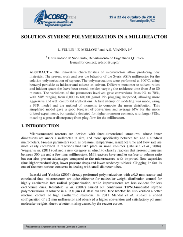 (PDF) Solution styrene polymerization in a millireactor