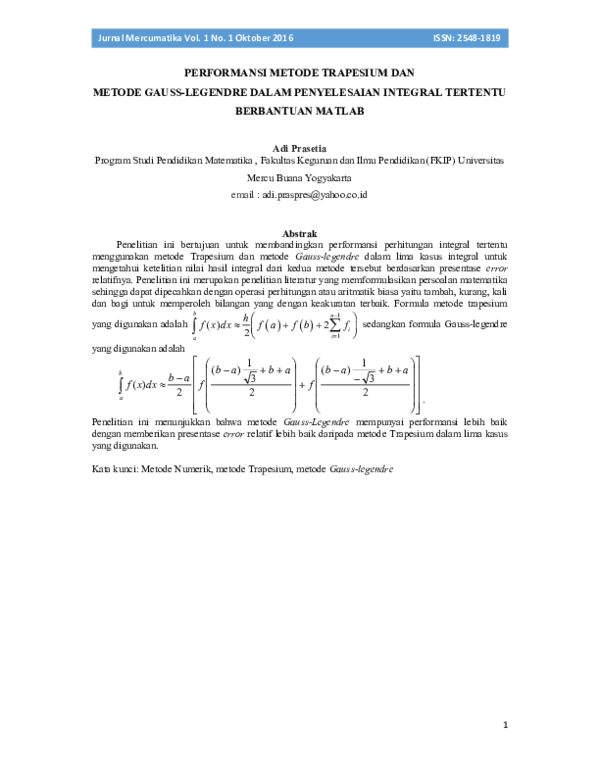 (PDF) Performance of Trapezoidal Method and Gauss-Legendre Method in Settlement of Certain ...