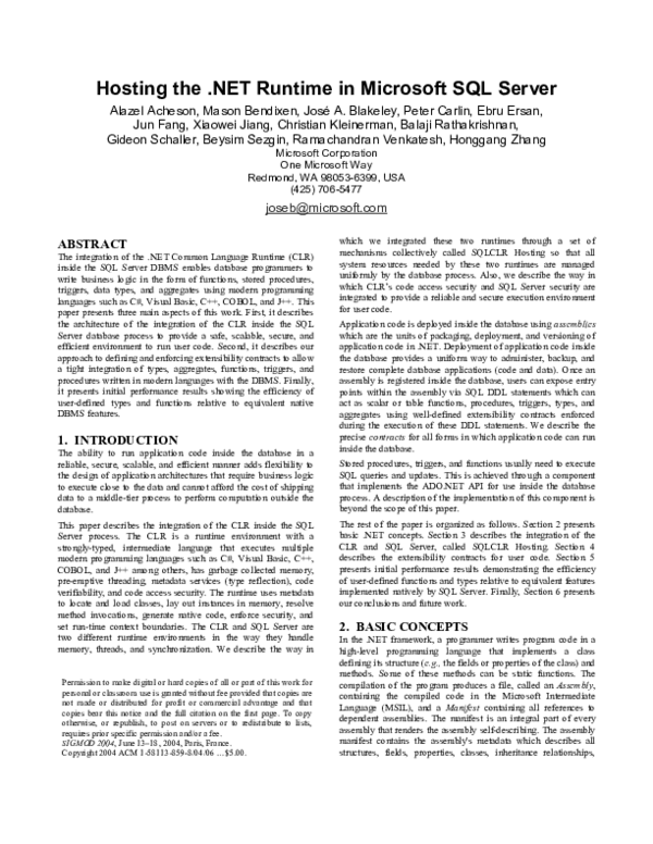 (PDF) Hosting the .NET Runtime in Microsoft SQL server