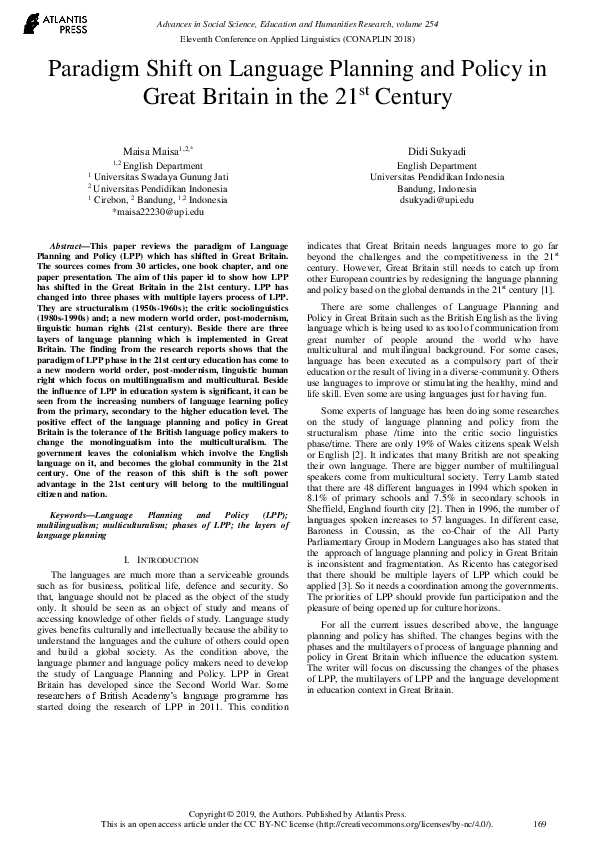 (PDF) Paradigm Shift on Language Planning and Policy in Great Britain in the 21st Century