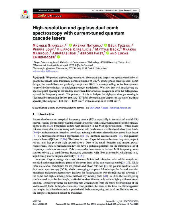 (PDF) High-Resolution and Gapless Dual Comb Spectroscopy with Current-Tuned Quantum Cascade Lasers