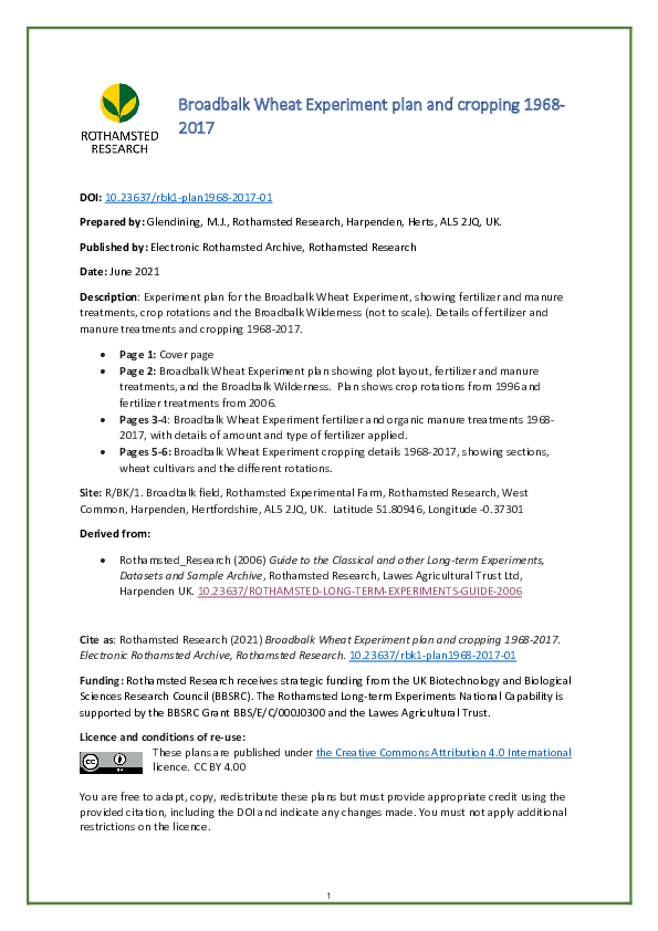 (PDF) Broadbalk Wheat Experiment plan and cropping 1968-2017