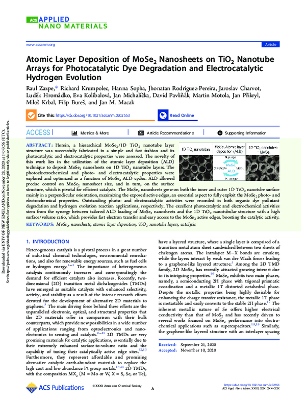 (PDF) Atomic Layer Deposition of MoSe2 Nanosheets on TiO2 Nanotube Arrays for Photocatalytic Dye ...