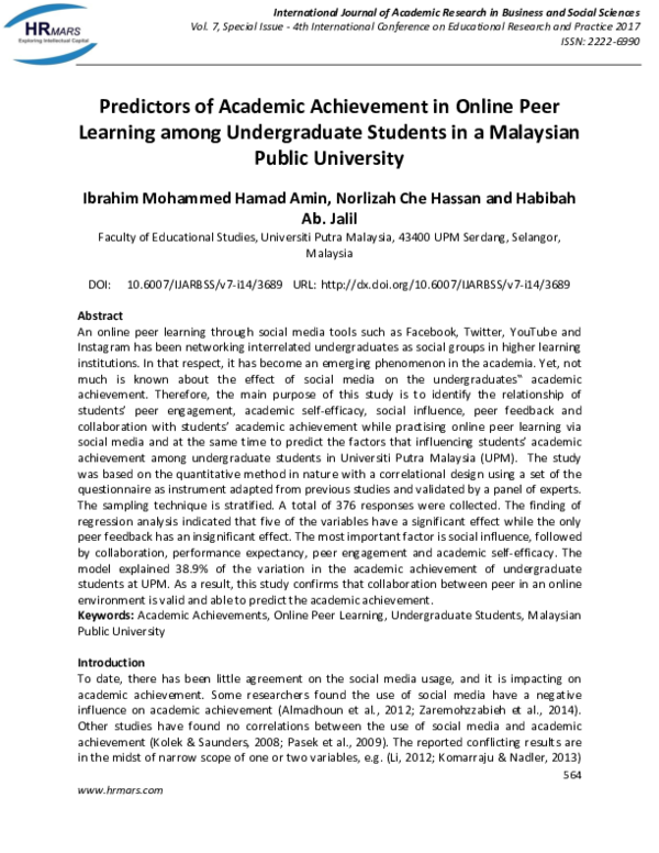 (PDF) Predictors of Academic Achievement in Online Peer Learning among Undergraduate Students in ...