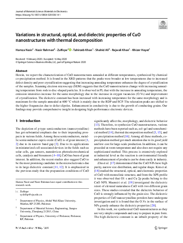 (PDF) Variations in structural, optical, and dielectric properties of CuO nanostructures with ...