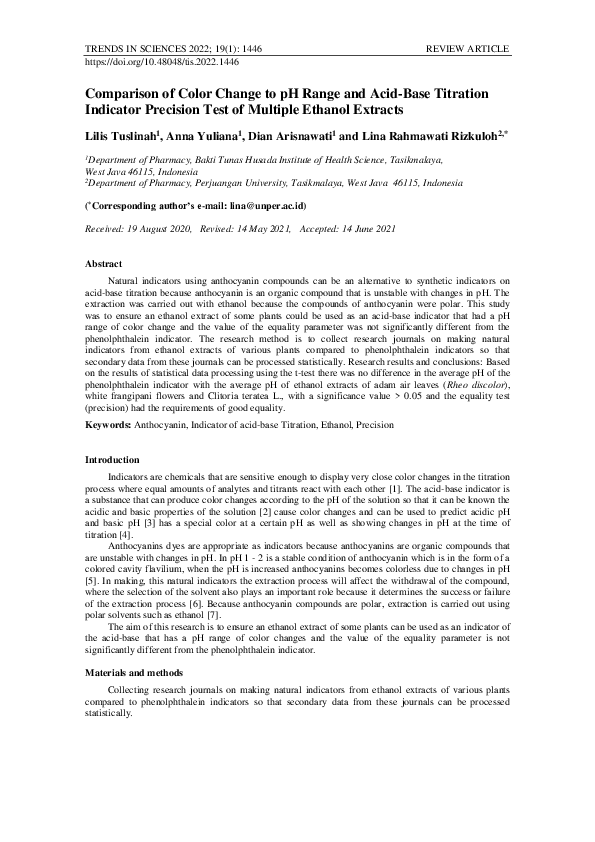 (PDF) Comparison of Color Change to pH Range and Acid-Base Titration ...