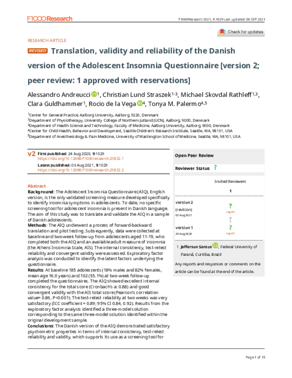 Pdf Translation Validity And Reliability Of The Danish Version Of The Adolescent Insomnia