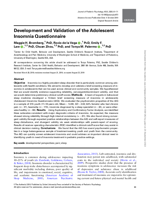 Pdf Development And Validation Of The Adolescent Insomnia Questionnaire