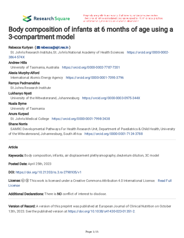 (PDF) Body composition of infants at 6 months of age using a 3 ...