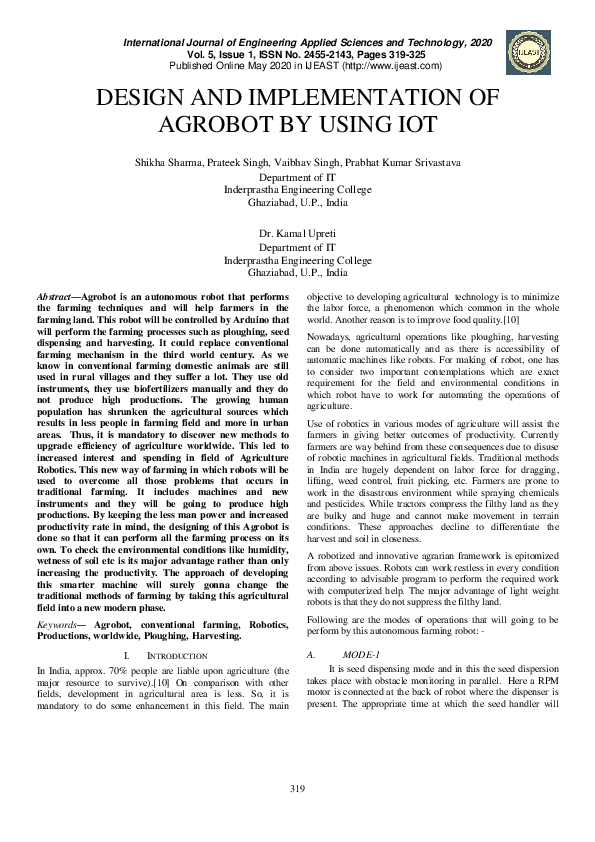 (PDF) Design and Implementation of Agrobot by Using Iot
