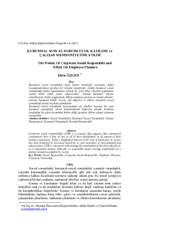 (PDF) The Notion Of Corporate Social Responsible and Effect On Employee Pleasure