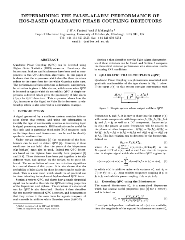 Pdf Determining The False Alarm Performance Of Hos Based Quadratic