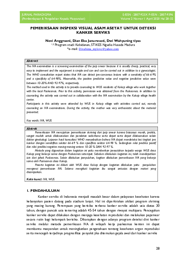 (PDF) Pemeriksaan Inspeksi Visual Asam Asetat Untuk Deteksi Kanker Serviks