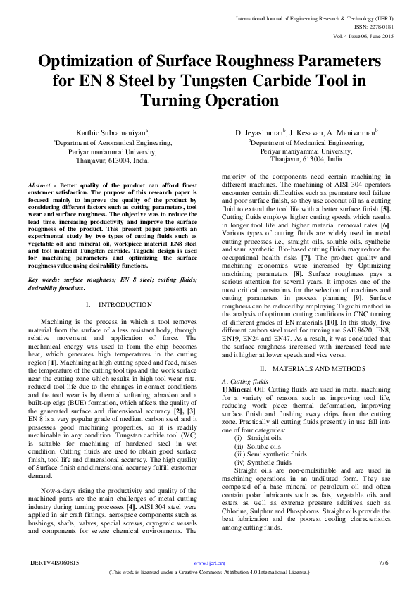 (PDF) Optimization of Surface Roughness Parameters for EN 8 Steel by Tungsten Carbide Tool in ...