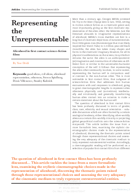 (PDF) Representing the Unrepresentable: Alienhood in first contact science-fiction films