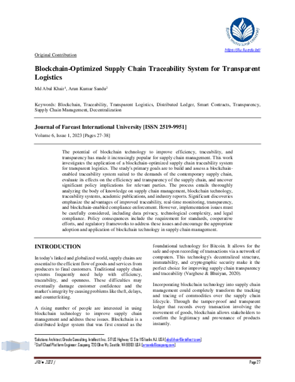 (PDF) Blockchain-Optimized Supply Chain Traceability System for Transparent Logistics