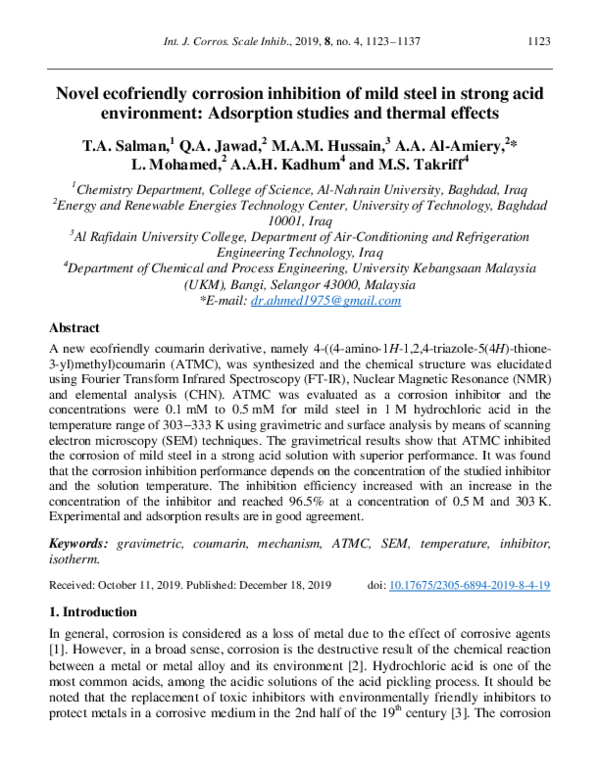(PDF) Novel ecofriendly corrosion inhibition of mild steel in strong ...