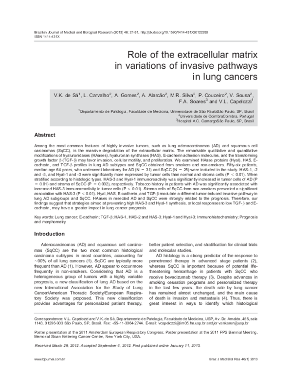 (PDF) Role of the extracellular matrix in variations of invasive pathways in lung cancers