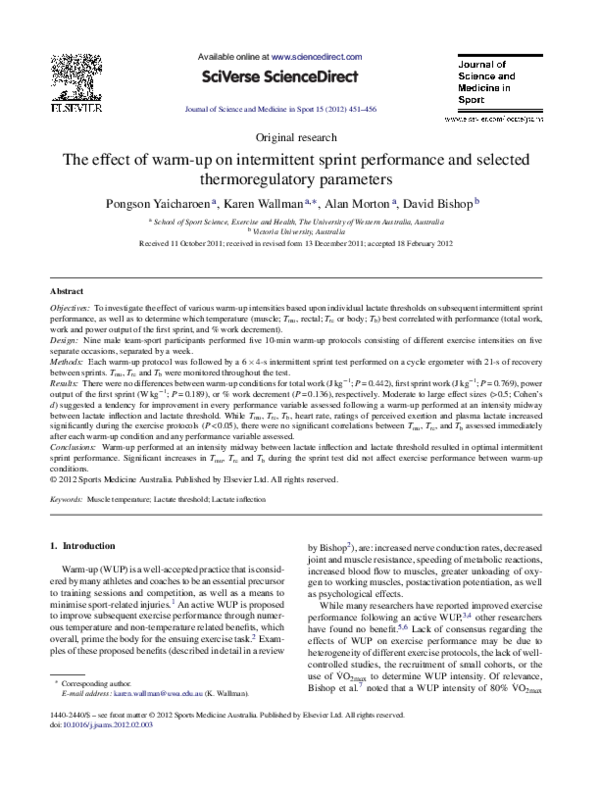 (PDF) The effect of warm-up on intermittent sprint performance and selected thermoregulatory ...