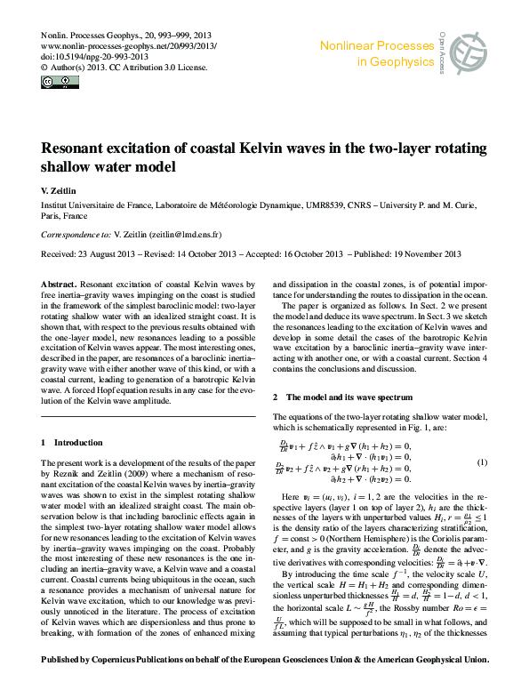 (PDF) Resonant excitation of coastal Kelvin waves in the two-layer ...