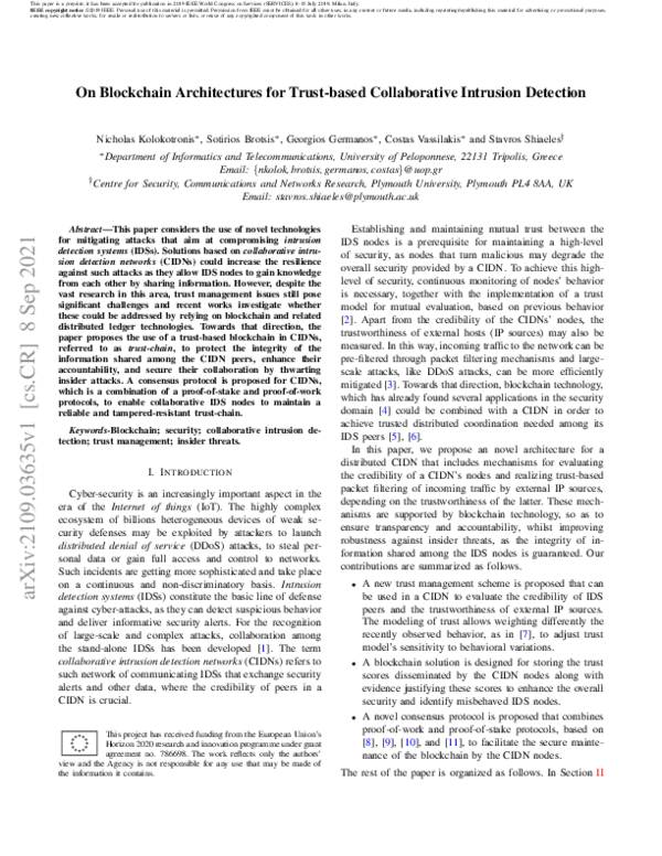 (PDF) On Blockchain Architectures for Trust-Based Collaborative Intrusion Detection