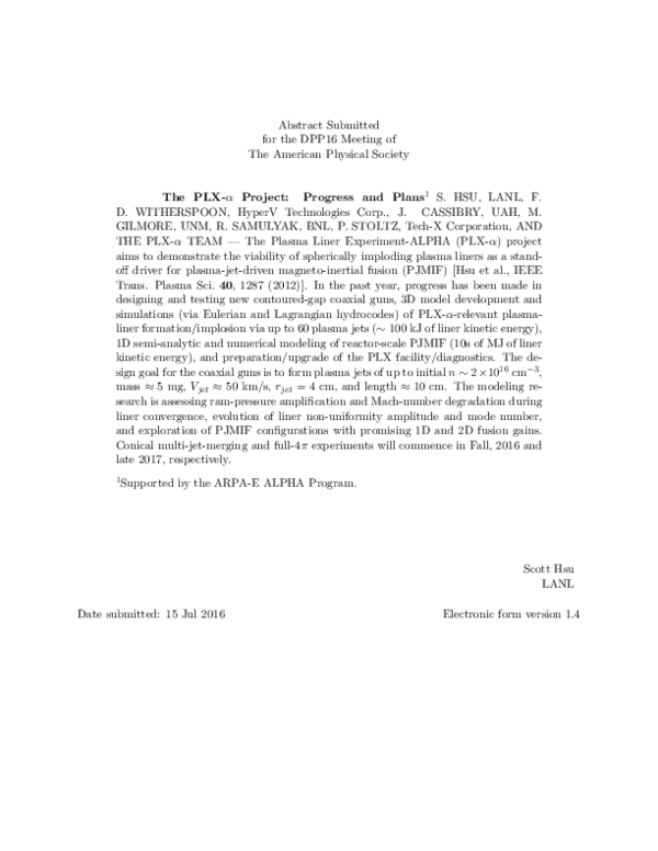 (PDF) The PLX-$\alpha$ Project: Progress and Plans