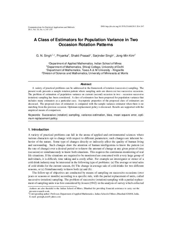 Pdf A Class Of Estimators For Population Variance In Two Occasion Rotation Patterns