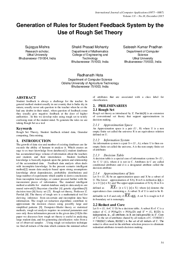 (PDF) Generation of Rules for Student Feedback System by the Use of Rough Set Theory
