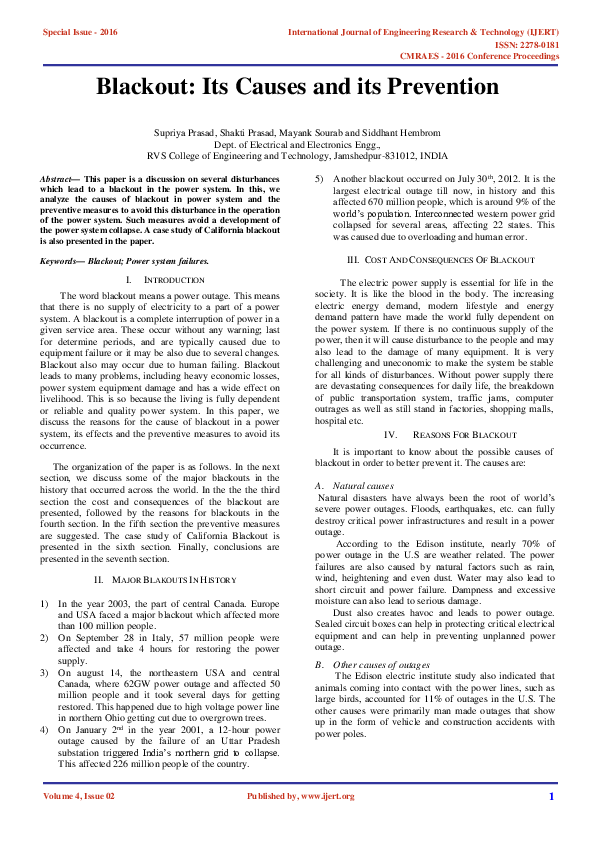 (PDF) Blackout: Its Causes and its Prevention