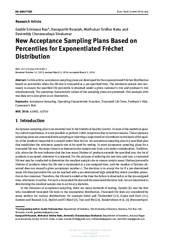 (PDF) New Acceptance Sampling Plans Based on Percentiles for Exponentiated Fréchet Distribution