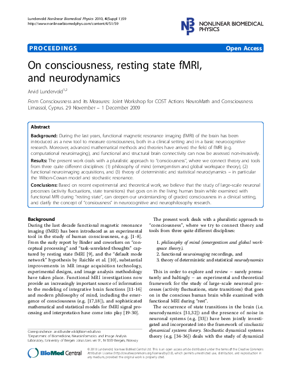 (PDF) On consciousness, resting state fMRI, and neurodynamics