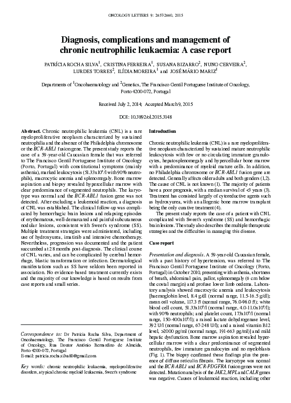 (PDF) Diagnosis, complications and management of chronic neutrophilic leukaemia: A case report