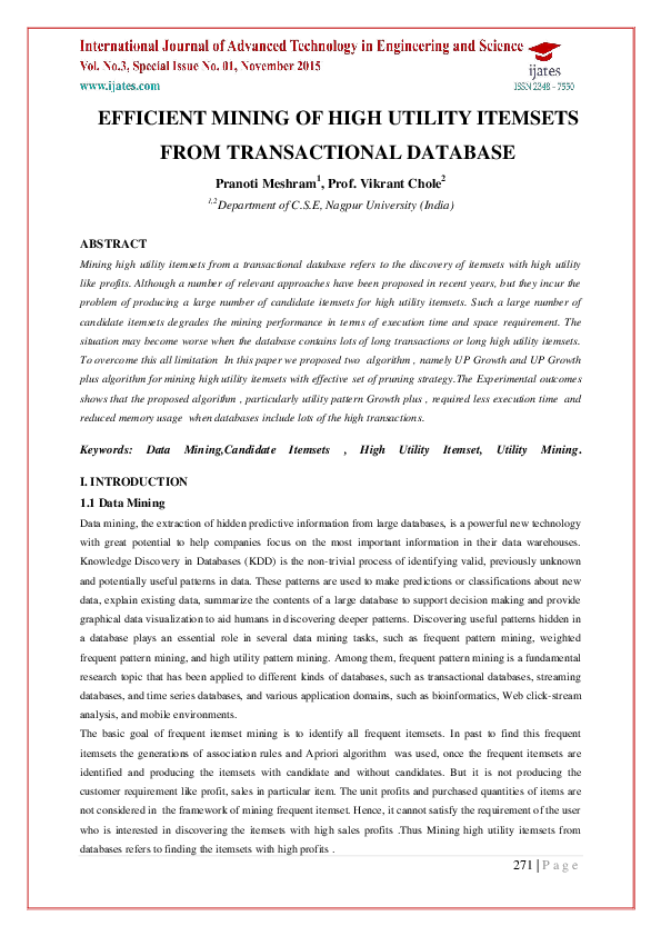 Pdf Efficient Mining Of High Utility Itemsets From Transactional Database