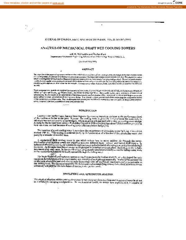 (PDF) Analysis of mechanical draft wet cooling towers