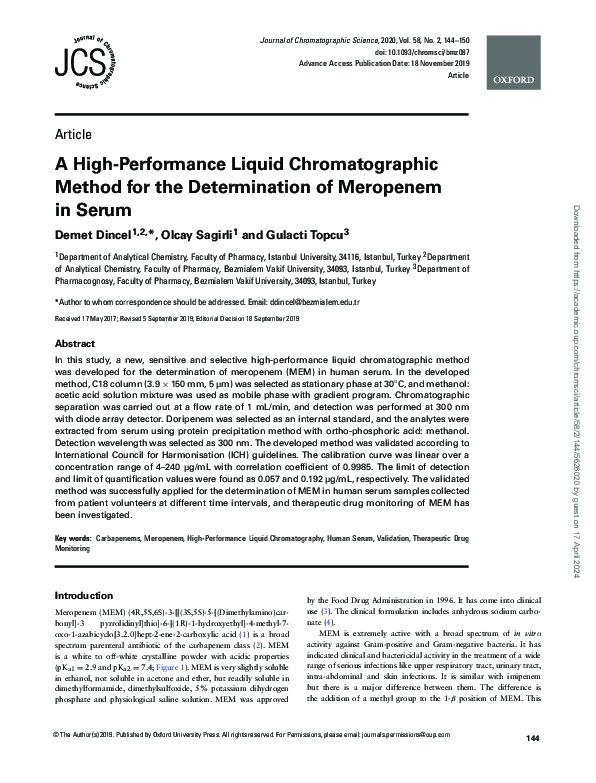 (PDF) A High-Performance Liquid Chromatographic Method for the Determination of Meropenem in Serum