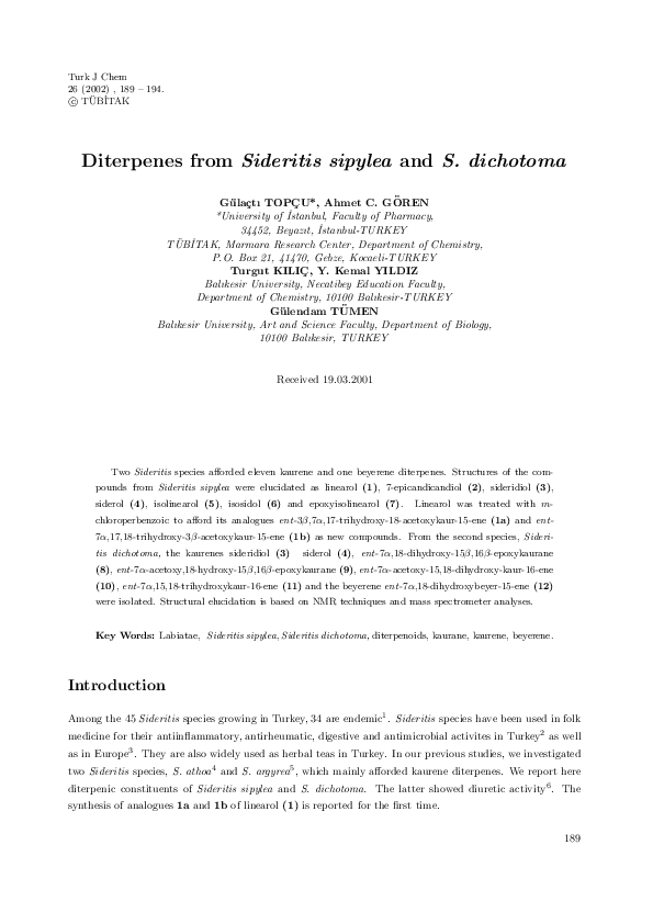 (PDF) Diterpenes from Sideritis sipylea and S. dichotoma