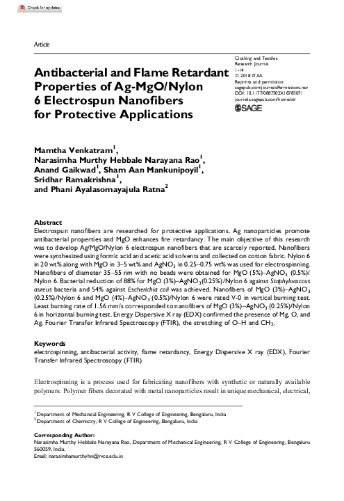 (PDF) Antibacterial and Flame Retardant Properties of Ag-MgO/Nylon 6 Electrospun Nanofibers for ...