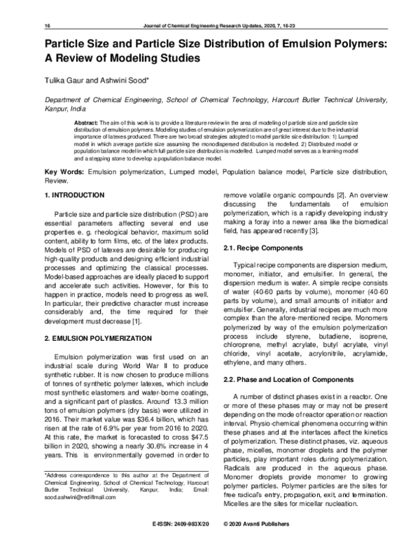 (PDF) Particle Size and Particle Size Distribution of Emulsion Polymers: A Review of Modeling ...